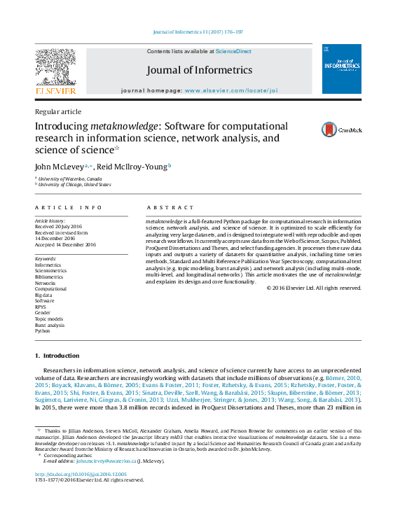 (PDF) Introducing metaknowledge: Software for computational research in ...