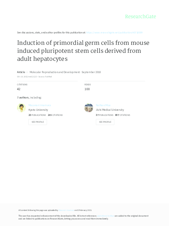 (PDF) Induction of Primordial Germ Cells From Mouse Induced Pluripotent ...