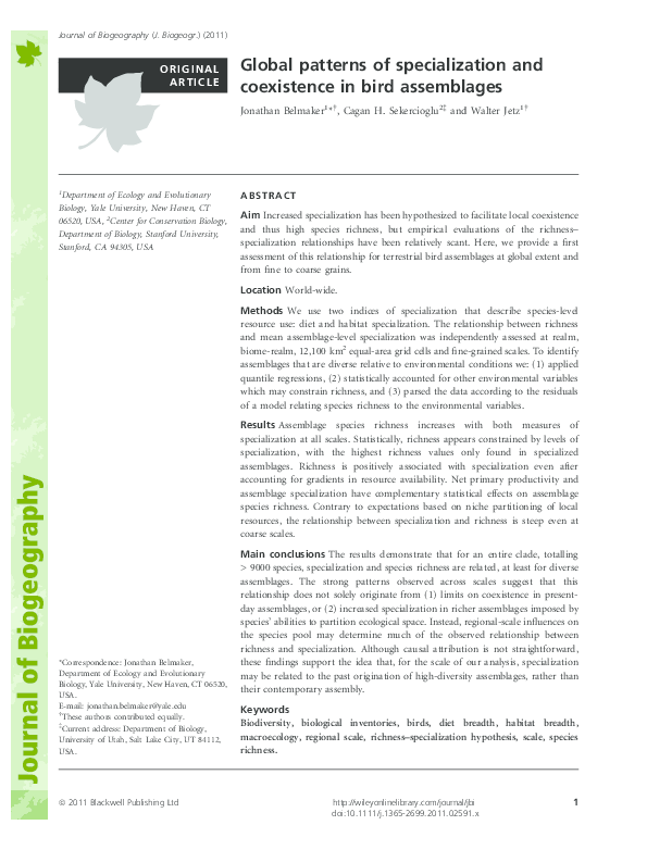 (PDF) Global patterns of specialization and coexistence in bird assemblages