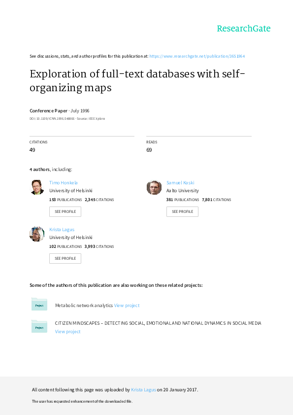 Pdf Exploration Of Full Text Databases With Self Organizing Maps
