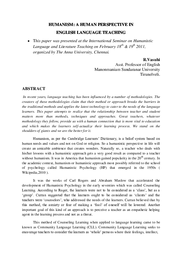 HUMANISM: A HUMAN PERSPECTIVE IN ENGLISH LANGUAGE TEACHING