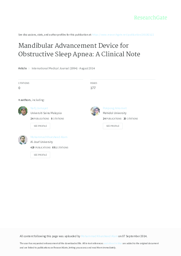 (PDF) Mandibular Advancement Device for Obstructive Sleep Apnea: A ...