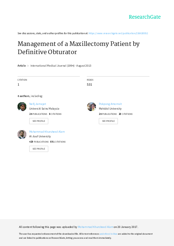 (PDF) Management of a Maxillectomy Patient by Definitive Obturator
