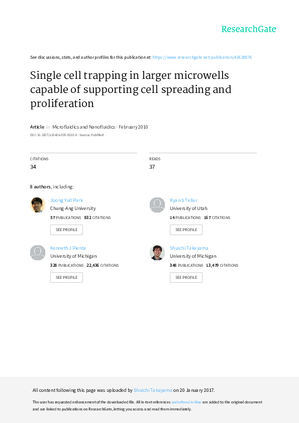 (PDF) Single Cell Trapping In Larger Microwells Capable of Supporting ...