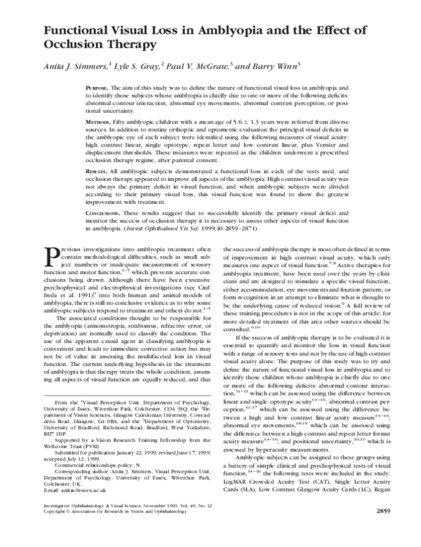 (PDF) Functional Visual Loss In Amblyopia and the Effect of Occlusion Therapy