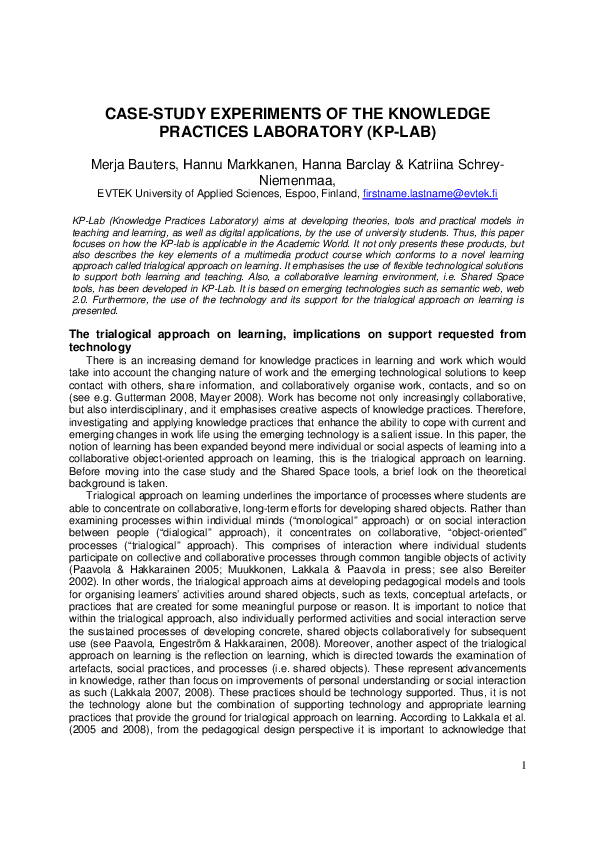 (PDF) Case Study Experiments of the Knowledge Practices Laboratory (KP-Lab)