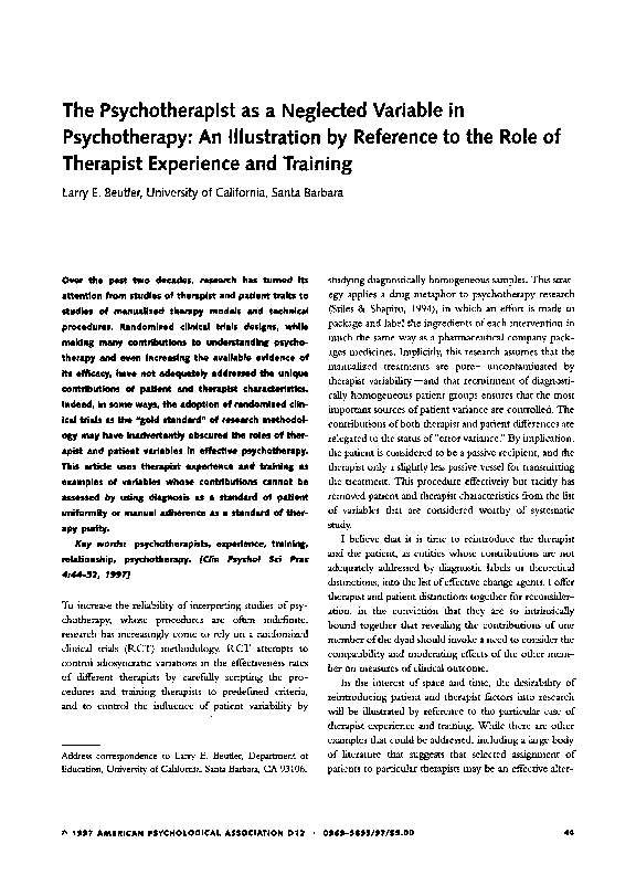 (PDF) The Psychotherapist as a Neglected Variable in Psychotherapy: An ...