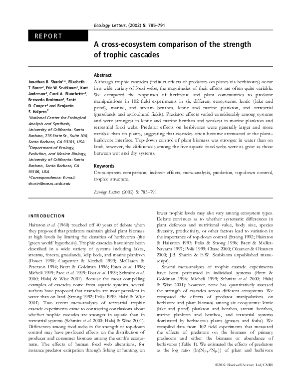 (PDF) A Cross-Ecosystem Comparison of the Strength of Trophic Cascades