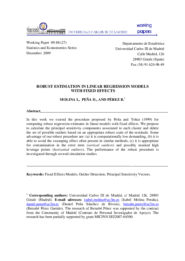 Pdf Robust Estimation In Linear Regression Models With Fixed Effects