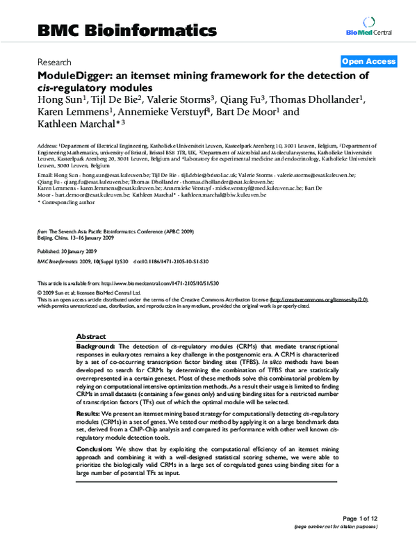 (PDF) ModuleDigger: An Itemset Mining Framework for the Detection of Cis-Regulatory Modules