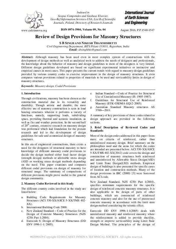 (PDF) Review of Design Provisions for Masonry Structures