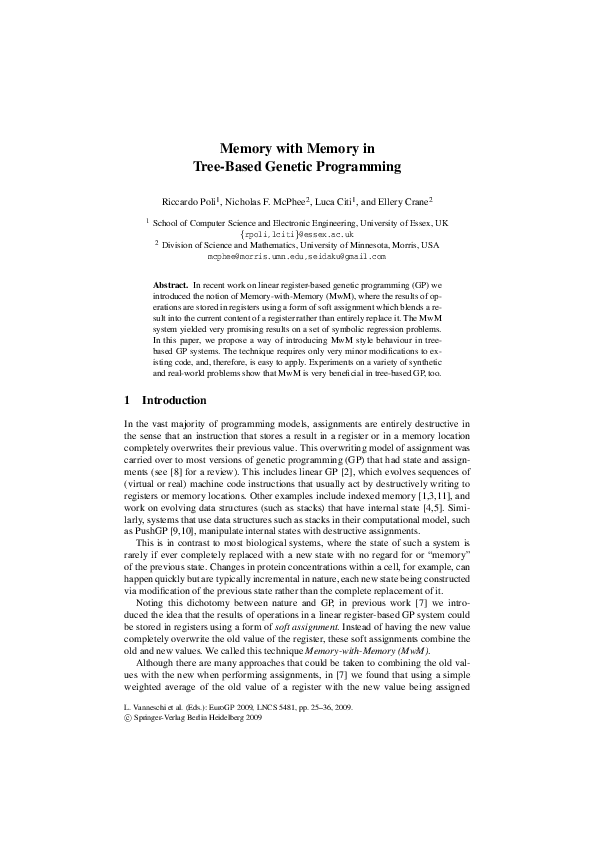 (PDF) Memory With Memory In Tree-Based Genetic Programming