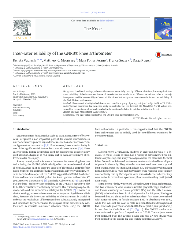 (PDF) Inter-rater reliability of the GNRB® knee arthrometer
