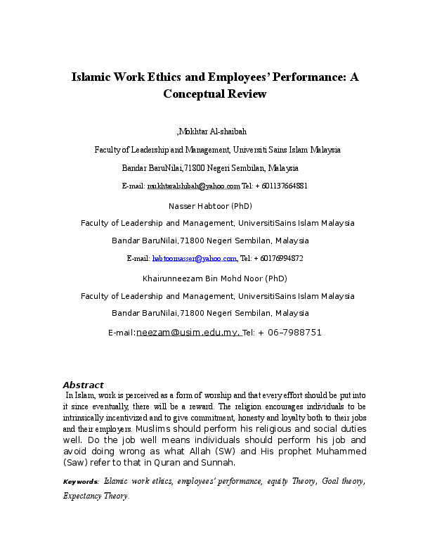 (DOC) Islamic Work Ethics and Employees' Performance: A Conceptual Review