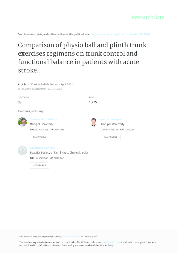(PDF) Comparison of physio ball and plinth trunk exercises regimens on trunk control and ...