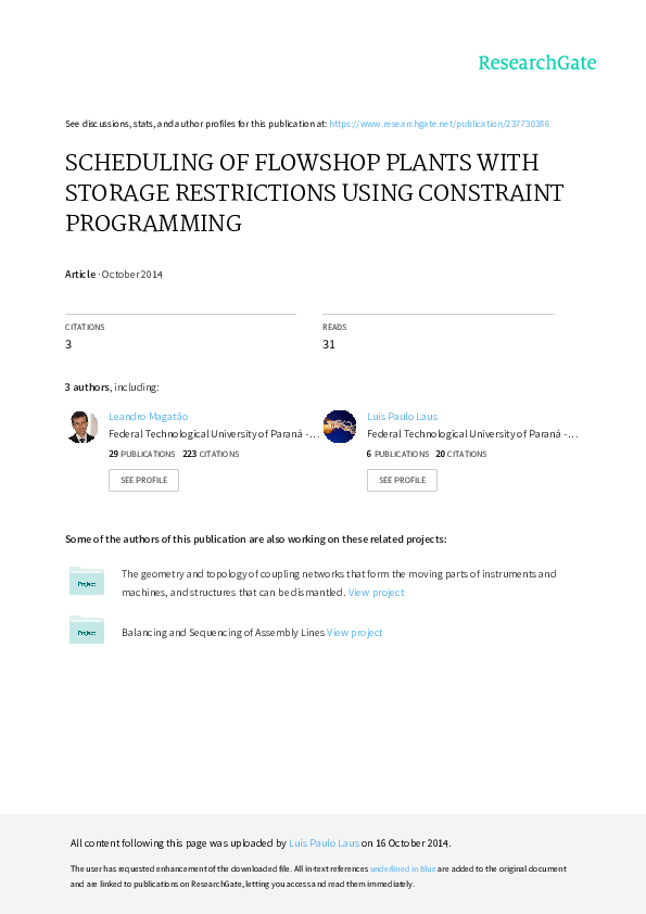 (PDF) Scheduling of Flowshop Plants with Storage Restrictions Using Constraint Programming ...