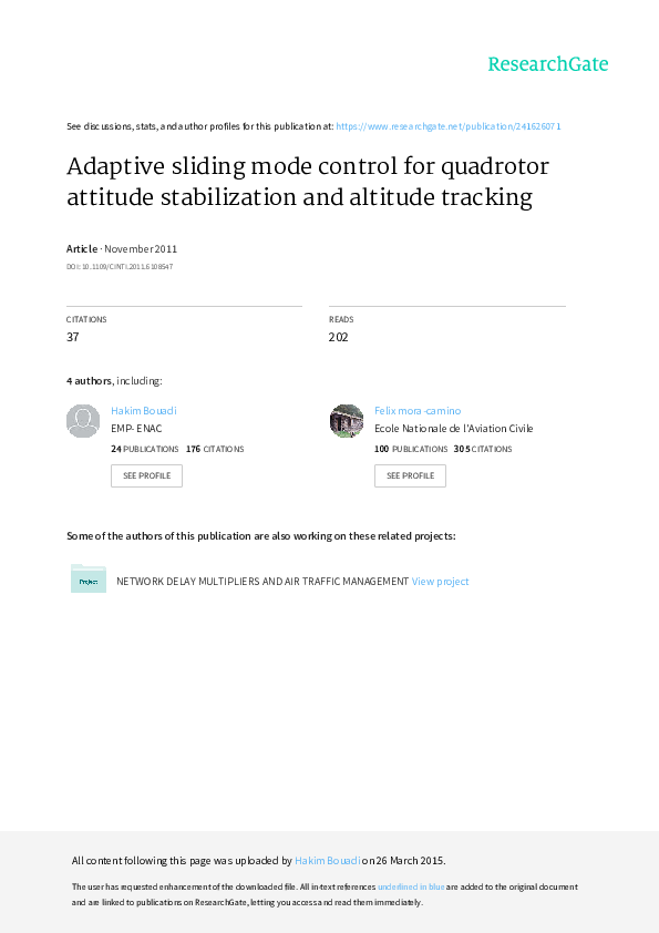 (PDF) Adaptive sliding mode control for quadrotor attitude stabilization and altitude tracking