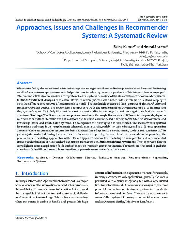 (PDF) Approaches, Issues and Challenges in Recommender Systems - A ...