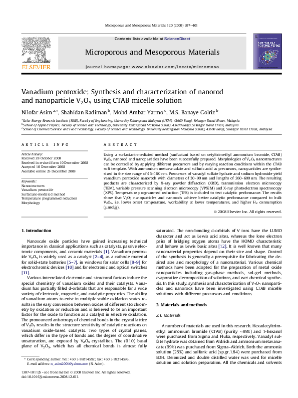 (PDF) Vanadium Pentoxide: Synthesis and Characterization of Nanorod and ...