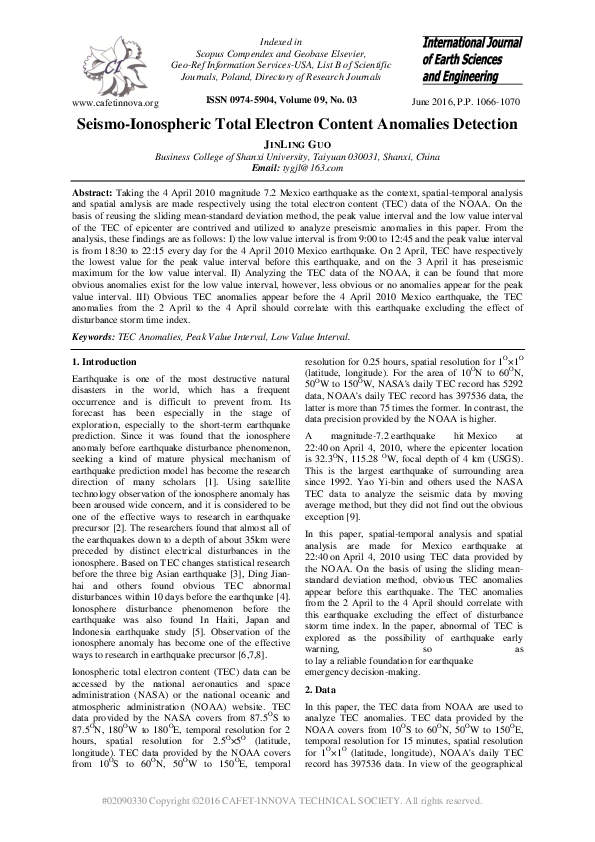 (PDF) Seismo-Ionospheric Total Electron Content Anomalies Detection