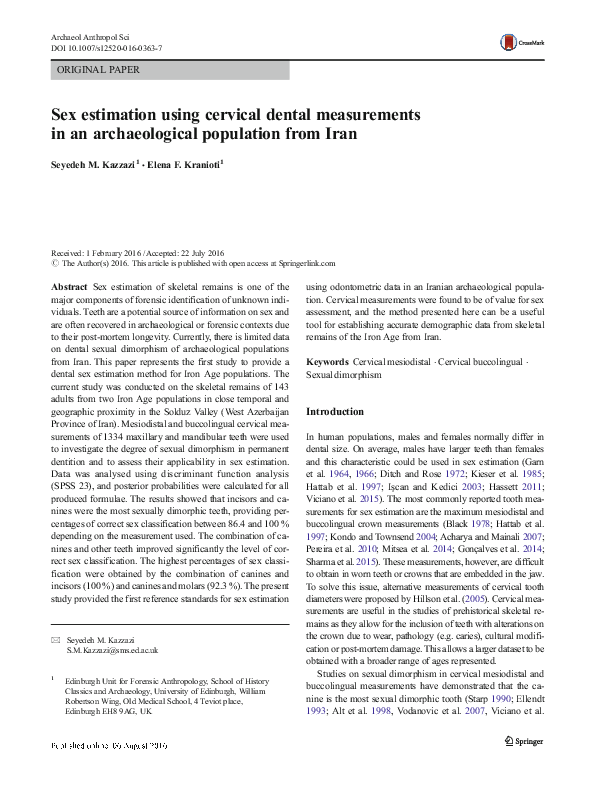 Pdf Sex Estimation Using Cervical Dental Measurements In An Archaeological Population From