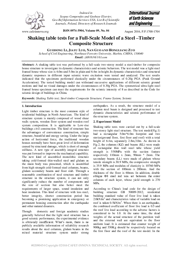 (PDF) Shaking table tests for a Full-Scale Model of a Steel –Timber ...