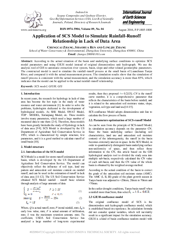 (PDF) Application of SCS Model to Simulate Rainfall-Runoff Relationship ...
