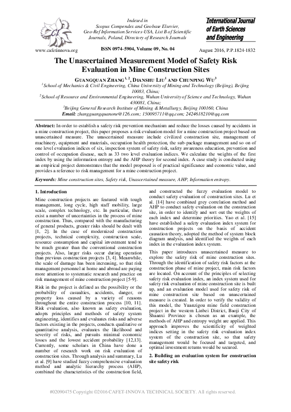 Pdf The Unascertained Measurement Model Of Safety Risk Evaluation In Mine Construction Sites