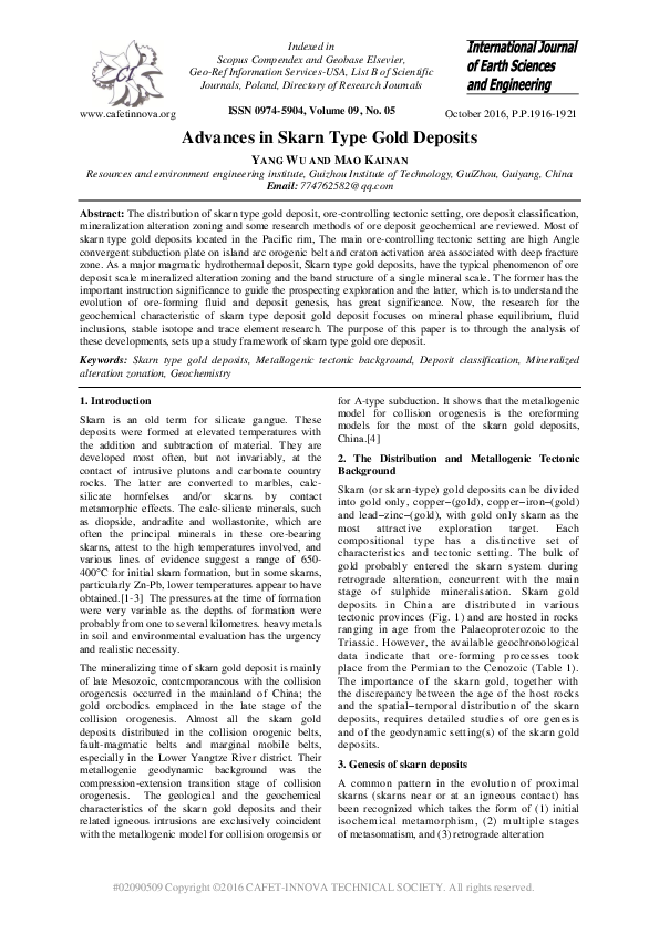 (PDF) Advances in Skarn Type Gold Deposits