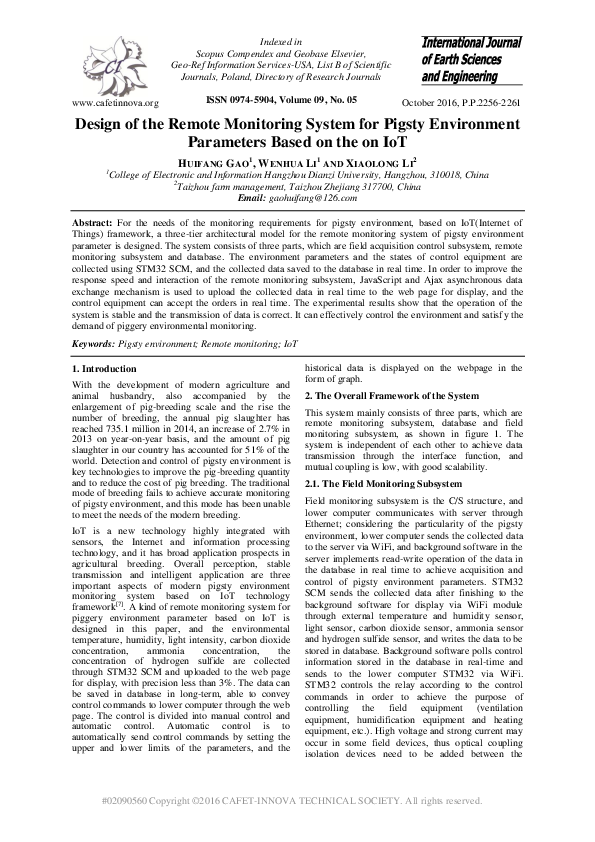 (PDF) Design of the Remote Monitoring System for Pigsty Environment Parameters Based on the on IoT