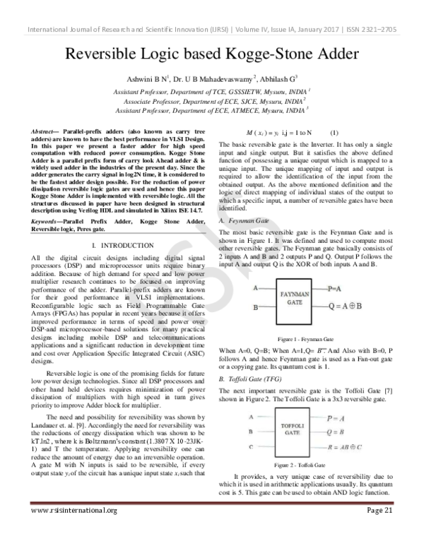 Pdf Reversible Logic Based Kogge Stone Adder