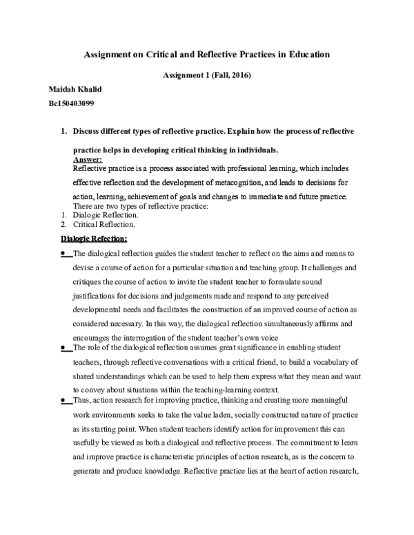 (DOC) Assignment on Critical and Reflective Practices in Education