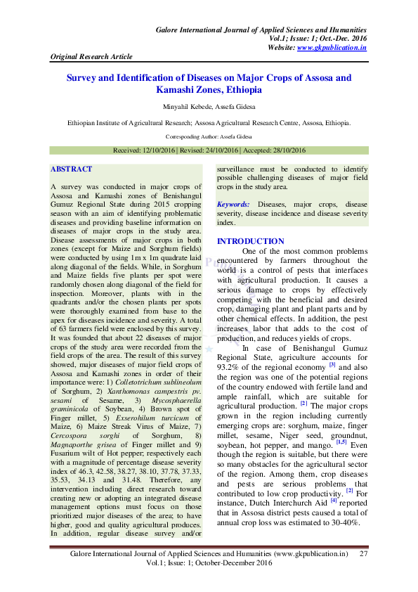 (PDF) Survey and Identification of Diseases on Major Crops of Assosa ...
