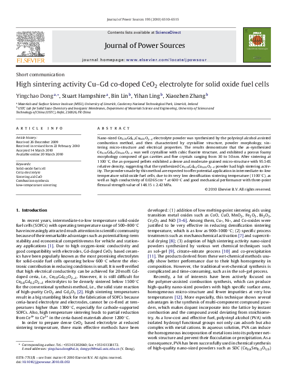 (PDF) High sintering activity Cu–Gd co-doped CeO2 electrolyte for solid ...