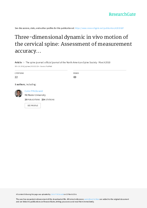 (PDF) Three-Dimensional Dynamic In Vivo Motion of the Cervical Spine ...