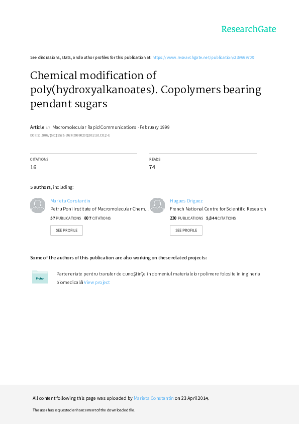 (PDF) Chemical modification of poly(hydroxyalkanoates). Copolymers ...