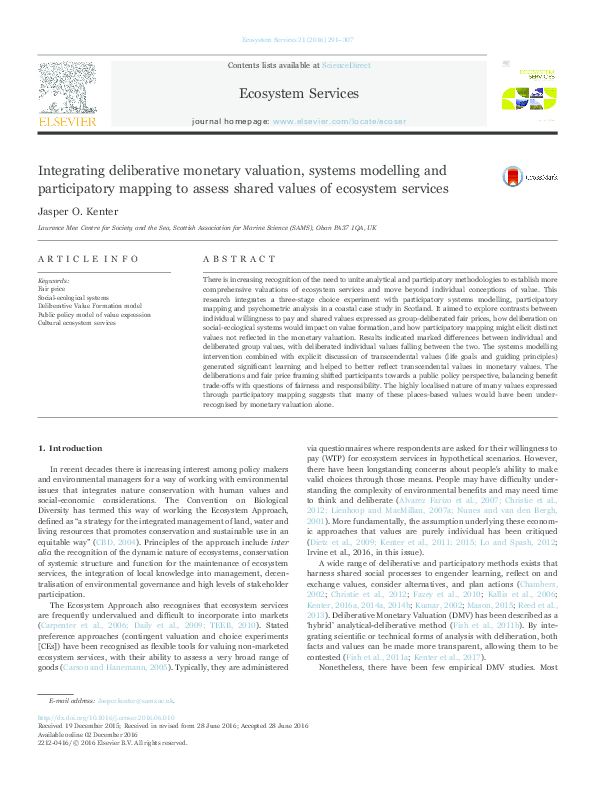 (PDF) Integrating deliberative monetary valuation, systems modelling and participatory mapping ...