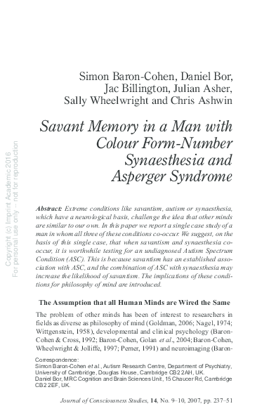 (PDF) Savant Memory in a Man with Colour Form-Number Synaesthesia and ...