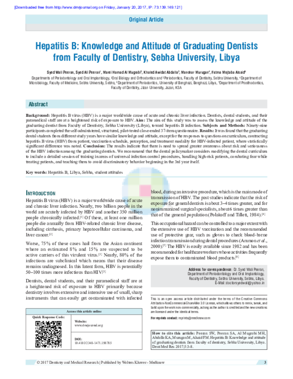 (PDF) Hepatitis B: Knowledge and attitude of graduating dentists from ...