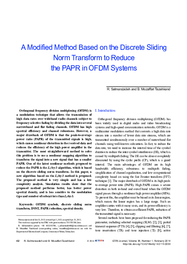 Pdf A Modified Method Based On The Discrete Sliding Norm Transform To Reduce The Papr In Ofdm
