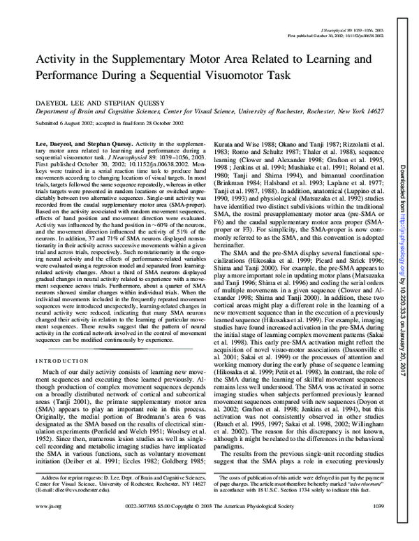 (PDF) Activity in the Supplementary Motor Area Related to Learning and Performance During a ...