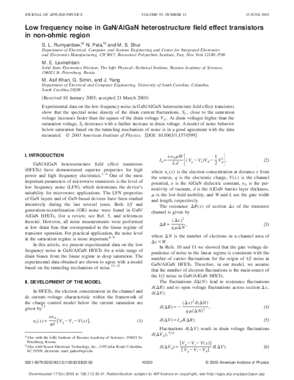 (PDF) Low frequency noise in GaN/AlGaN heterostructure field effect transistors in non-ohmic region