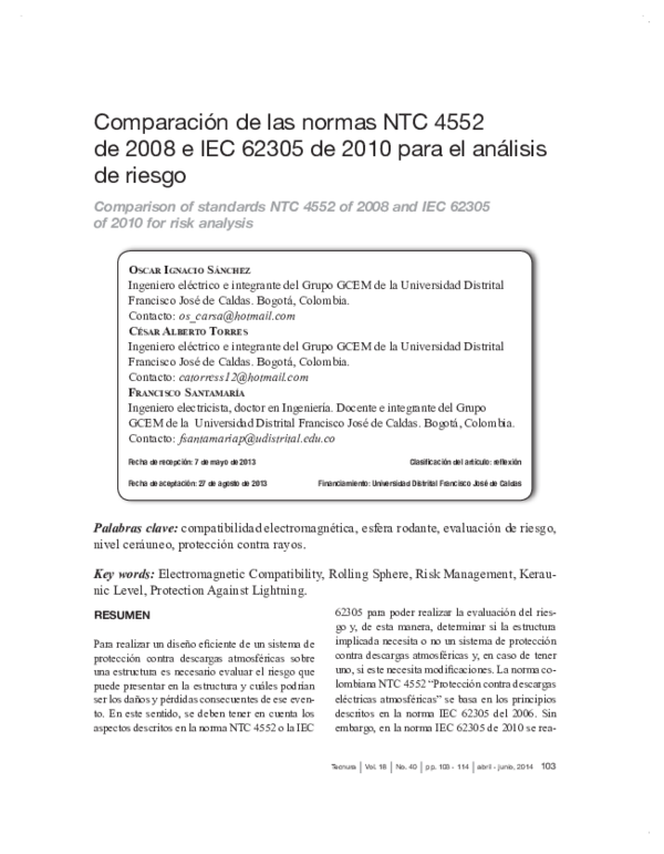 (PDF) Comparación de las normas NTC 4552 de 2008 e IEC 62305 de 2010 para el análisis de riesgo