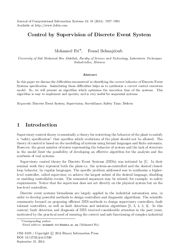 (PDF) Control by Supervision of Discrete Event System