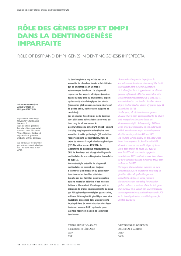 (PDF) RÔLE DES GÈNES DSPP ET DMP1 DANS LA DENTINOGENÈSE IMPARFAITE