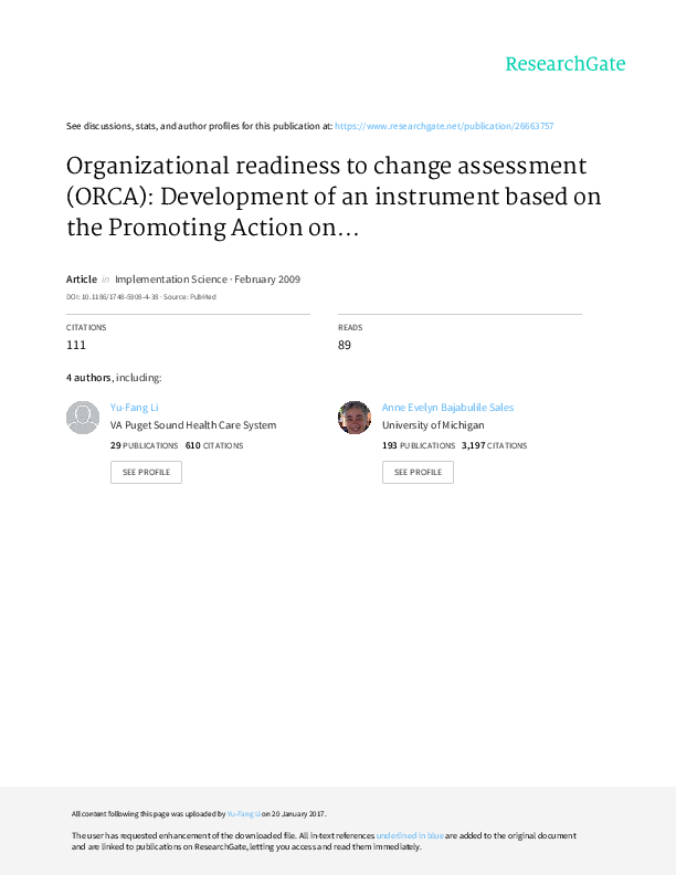 (PDF) Organizational Readiness to Change Assessment (ORCA): Development of An Instrument Based ...
