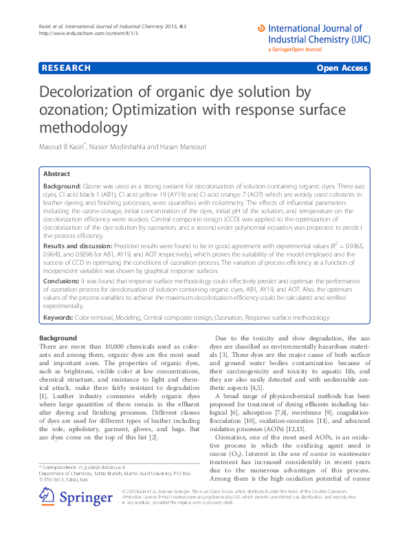 (PDF) Decolorization of organic dye solution by ozonation; Optimization ...