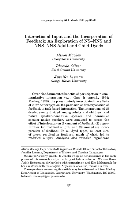 (PDF) Interactional Input and the Incorporation of Feedback: An ...