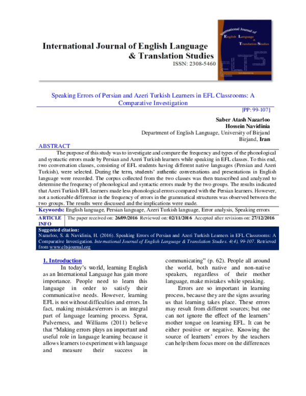 (PDF) Speaking Errors of Persian and Azeri Turkish Learners in EFL ...