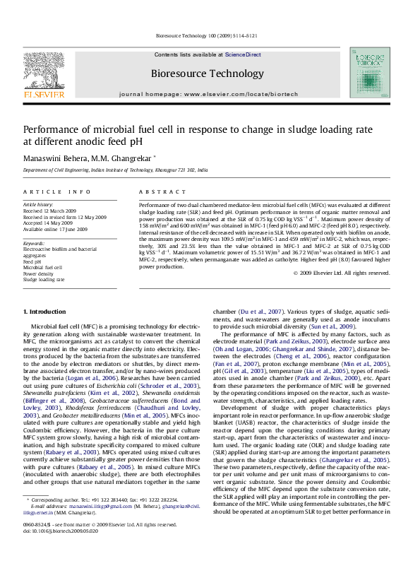 (PDF) Performance of Microbial Fuel Cell In Response to Change In Sludge Loading Rate at ...